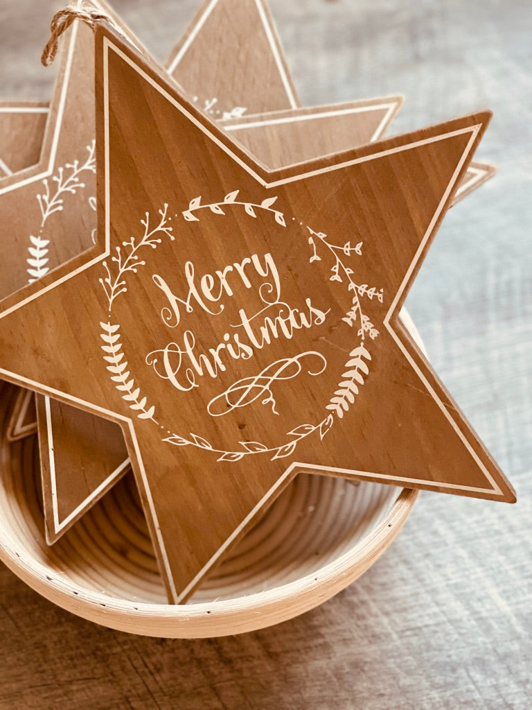 MERRY CHRISTMAS WOODEN STAR SIGN– Arte Corazon